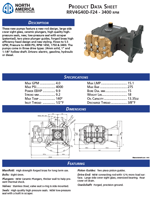 Pressure Washer RRV4G40D-F24 4.0GPM 4000 PSI 1" GAS FLANGE | Pressure ...